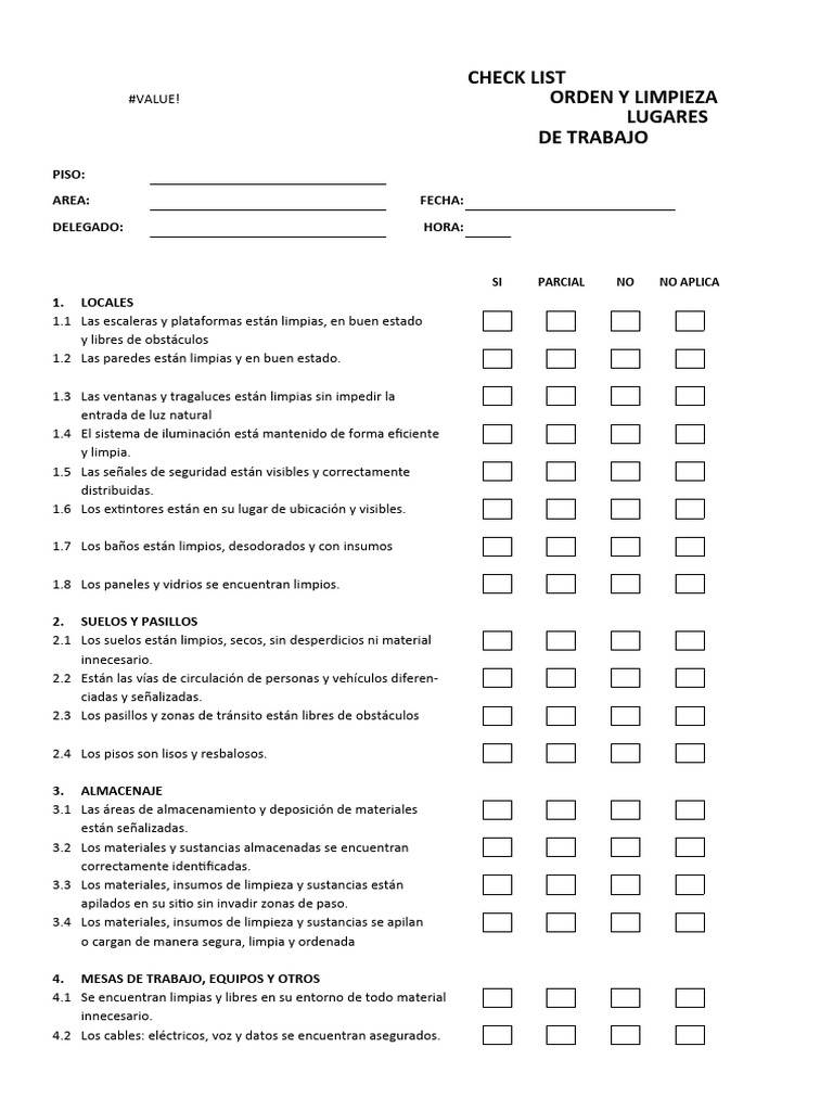 CheckList Orden y Limpieza Lugares de Trabajo | PDF