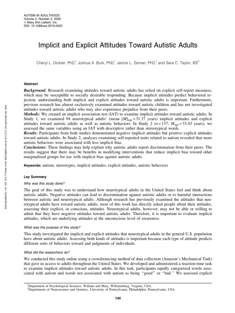 Dickter Et Al 2020 Implicit and Explicit Attitudes Toward Autistic Adults | PDF | Attitude ...