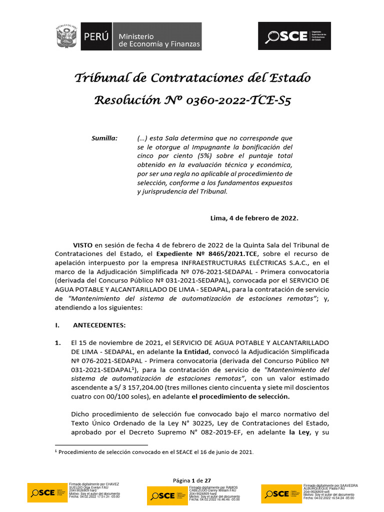 Bonificacion 5% No Corresponde - Resolución #0360-2022-TCE-S5 PDF | PDF | Apelación | Pequeñas y ...