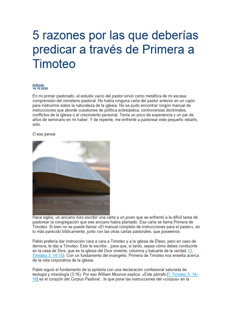 5 Razones Por Las Que Deberías Predicar A Través de Primera A Timoteo | PDF | Pablo el apóstol ...