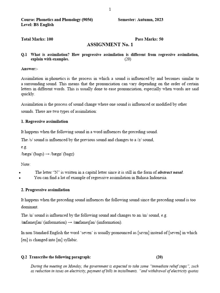 Assignment No. 1 | Download Free PDF | Question | Stress (Linguistics)