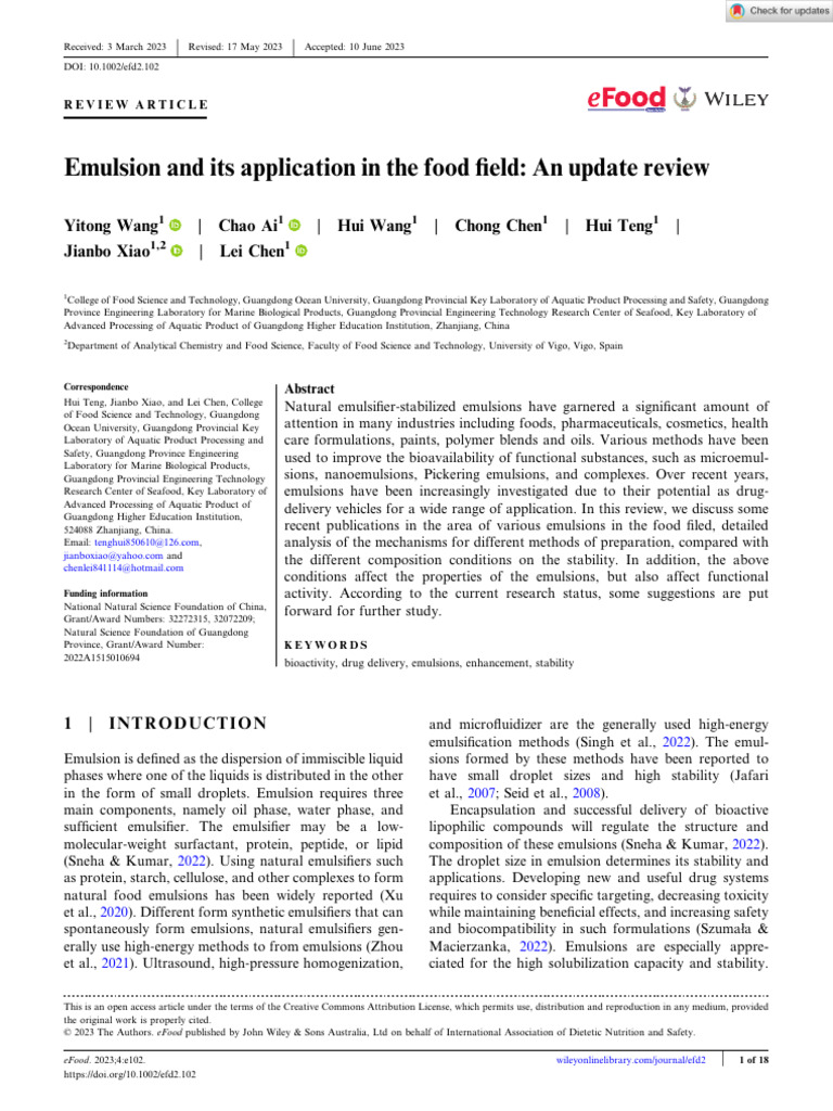 (Wang Et Al., 2023) - Emulsion and Its Application in The Food Field An ...