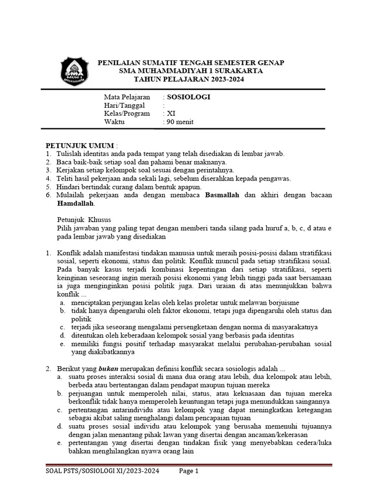 Penilaian Sosiologi Kelas XI 2023-2024 | PDF