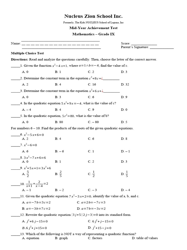 Grade 9 Mid Year Achievement Test | PDF | Quadratic Equation | Function ...