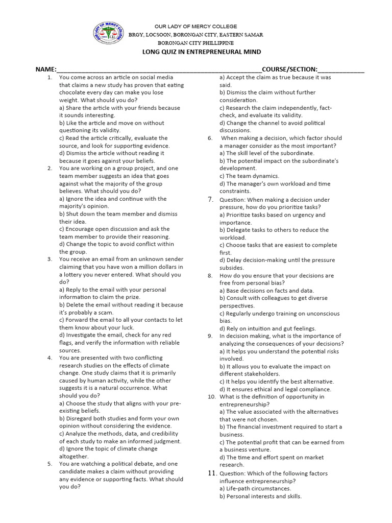 Long Quiz in ENTREP | PDF | Entrepreneurship | Decision Making