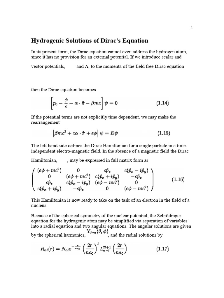 Hydrogenic Solution of Dirac's Equation | PDF | Wave Function ...