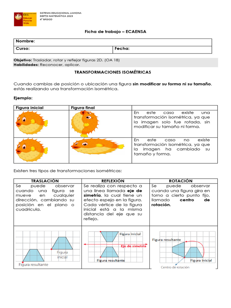 Transformaciones Isométricas 2D 4° Básico | PDF | Rotación | Simetría