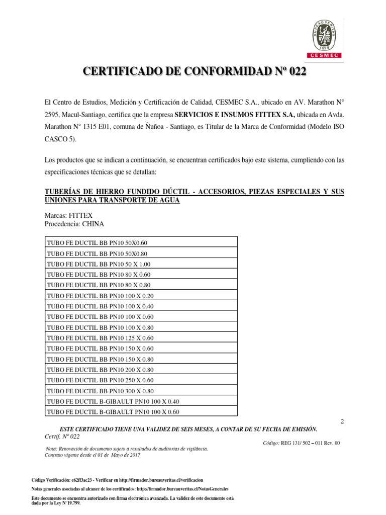 22 FE FDO FITTEX- Certificado de Calidad | PDF