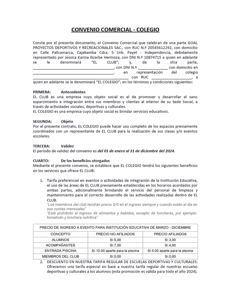 Formato - Convenio Comercial Colegio | PDF