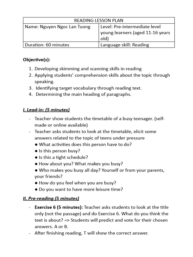 Reading Lesson Plan | PDF | Homework | Learning