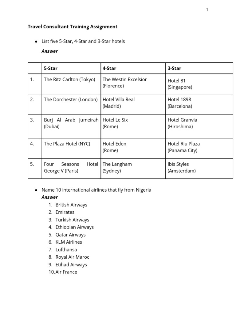 Travel Consultant Training Assignment | PDF | Hotel | Emirates (Airline)