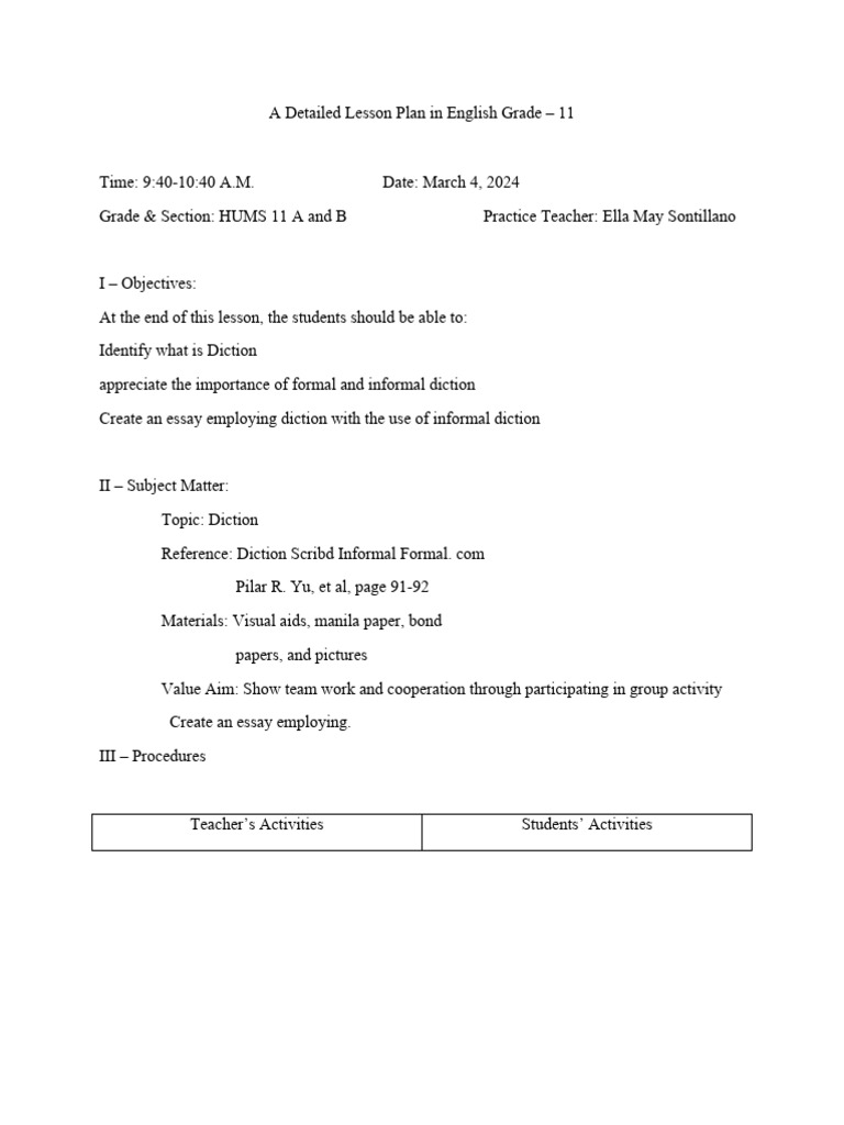 A Detailed Lesson Plan | PDF | Thought | Essays