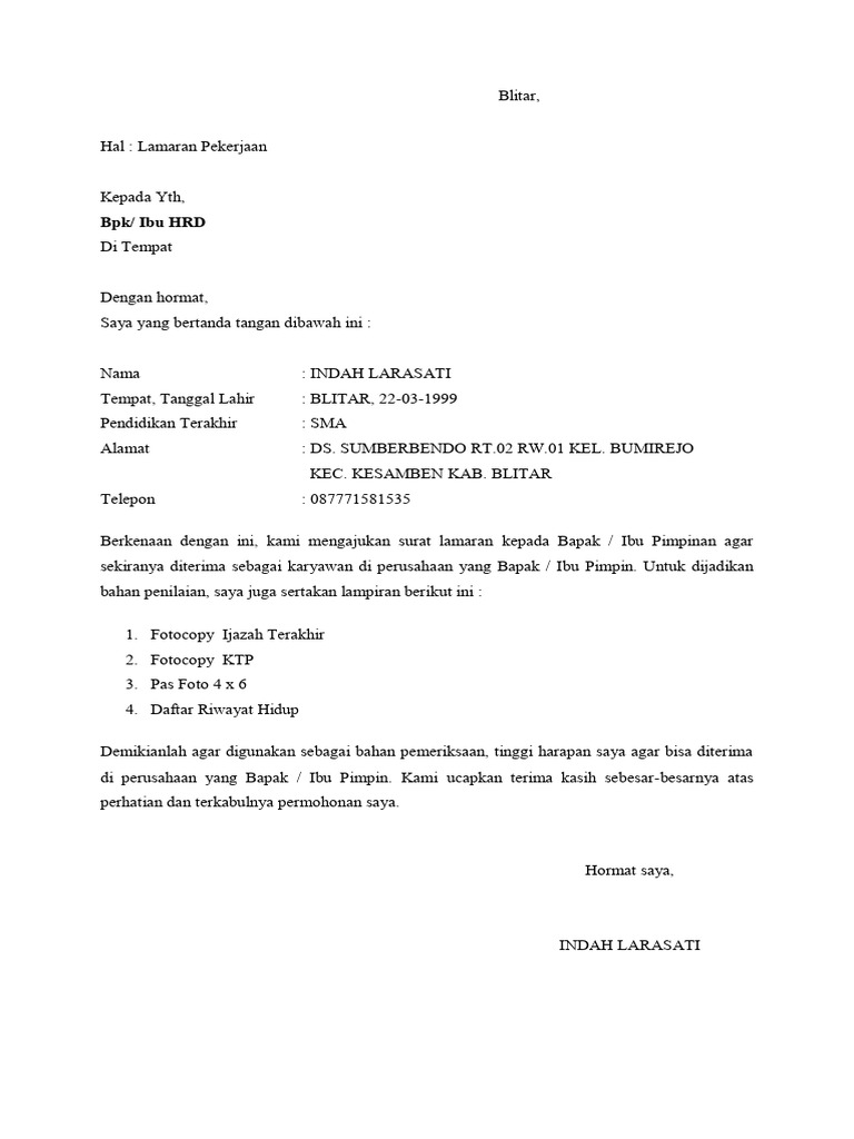 Lamaran Kerja Indah Larasati | PDF