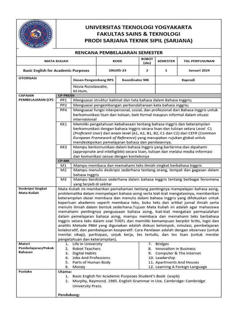 RPS Basic English For Academic Purposes, (Tek. Sipil) | PDF