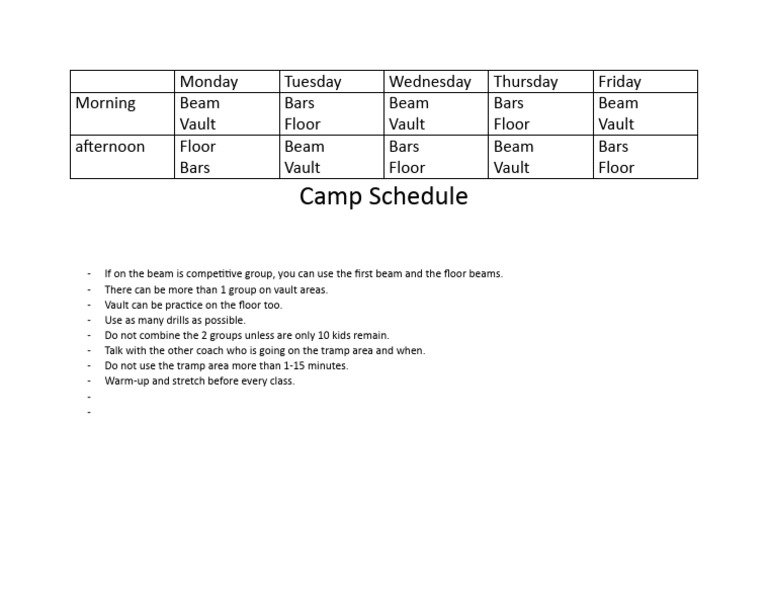 Gymnastics Camp Schedule | PDF