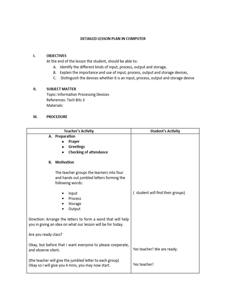 Detailed Lesson Plan in Computer | PDF | Input/Output | Computing