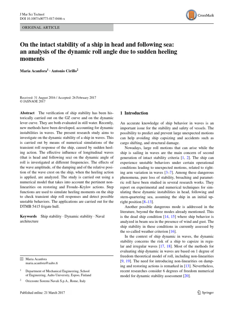 #On The Intact Stability of A Ship in Head and Following Sea An ...