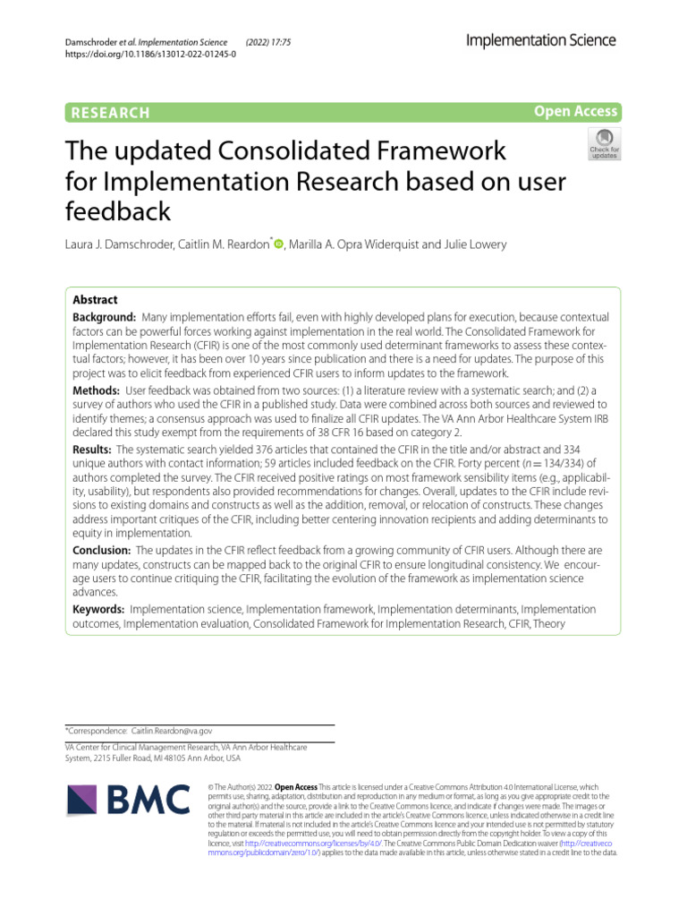 The Updated Consolidated Framework For Implementation Research Based On User Feedback | PDF ...