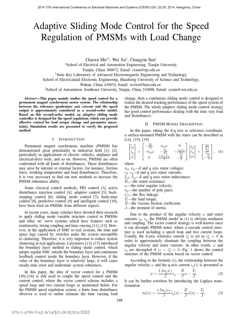 Adaptive Sliding Mode Control For The Speed | PDF | Friction | Electricity