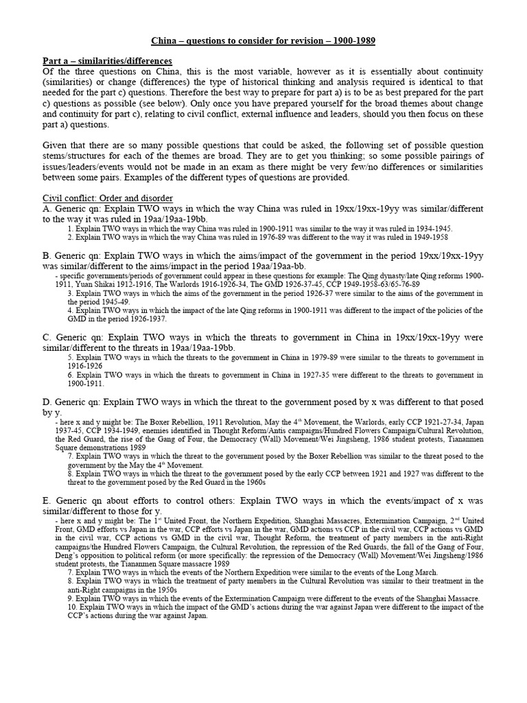 China - Revision Qns 1900-1989 - HDT | PDF | Deng Xiaoping | Cultural ...