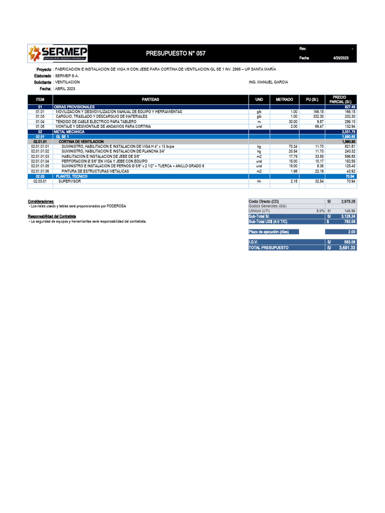 Presupuesto de Fabricación e Instalación de Viga H para Cortina de Jebe ...