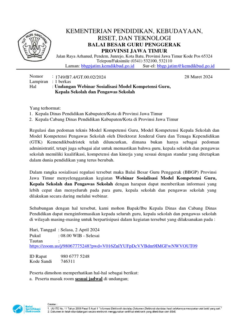Undangan Webinar Sosialisasi Model Kompetensi Guru, KS Dan PS | PDF