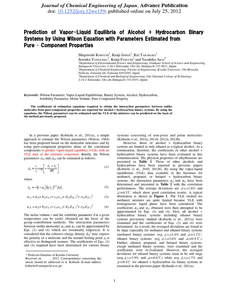 Prediction of V-L Equilibria of Alcohol+hydrocarbon Binary Systems | PDF | Chemical Equilibrium ...