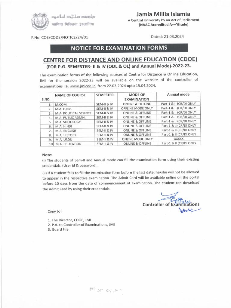 Notice For Examination Form (PG Semester-Ii & Iv (Odl & Ol (2022-23) | PDF