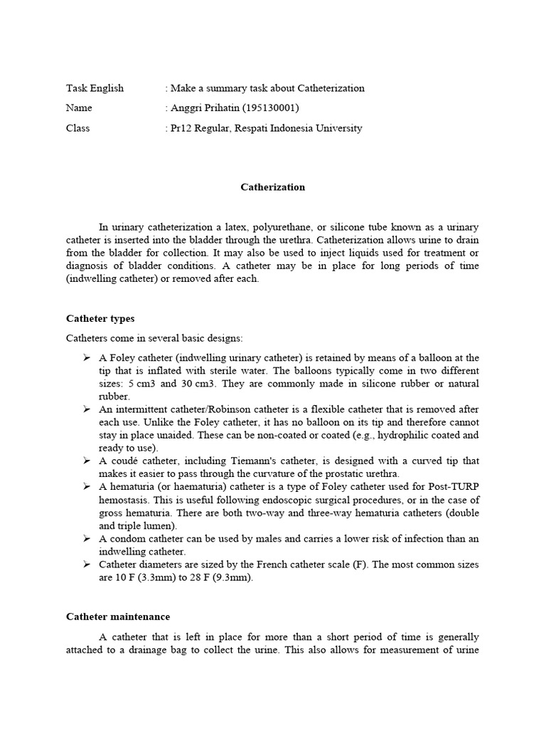 Task English AnggriPrihatin Catheterization | PDF | Surgery | Surgical Specialties