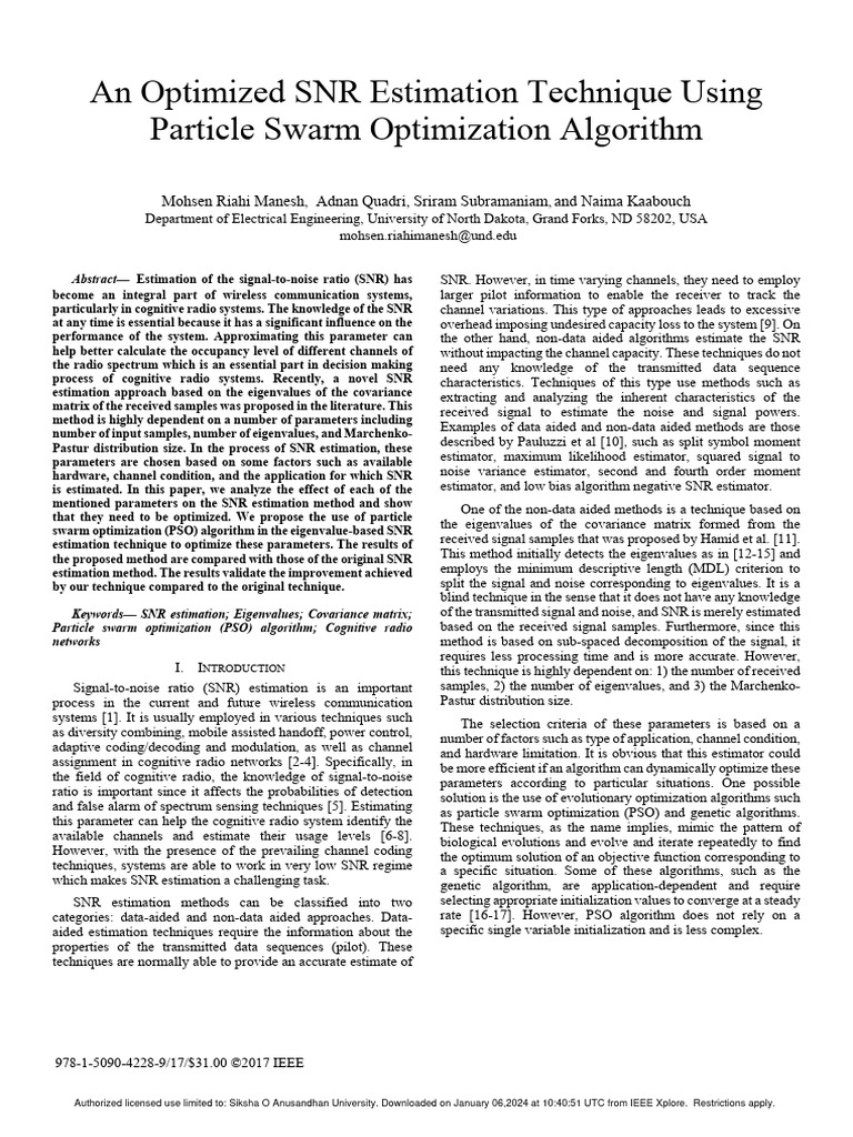 An Optimized SNR Estimation Technique Using Particle Swarm Optimization Algorithm | PDF | Signal ...