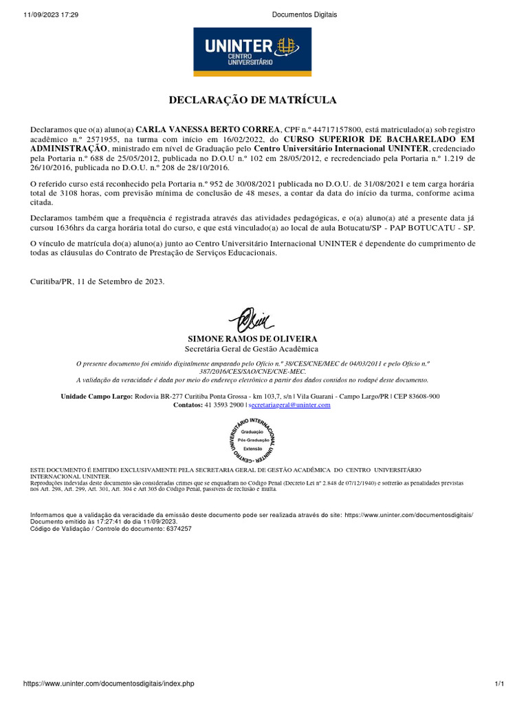 Declaração Uninter | PDF