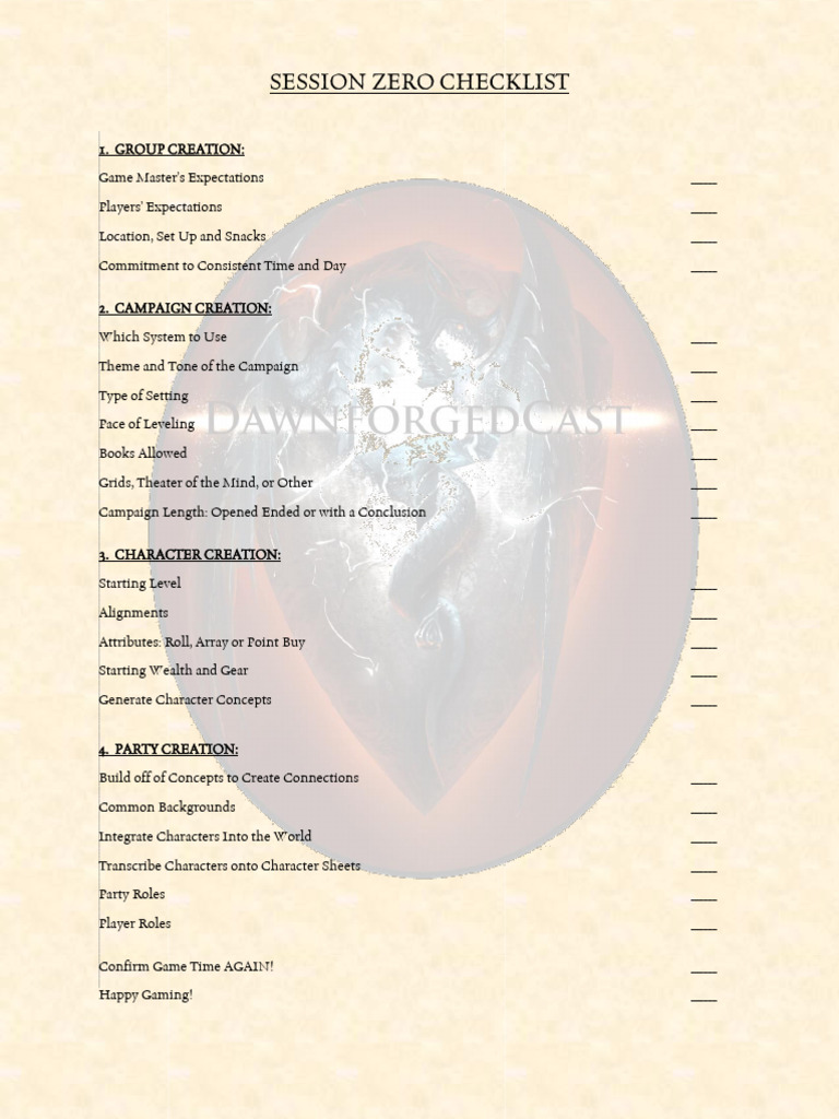 Session Zero Checklist | PDF