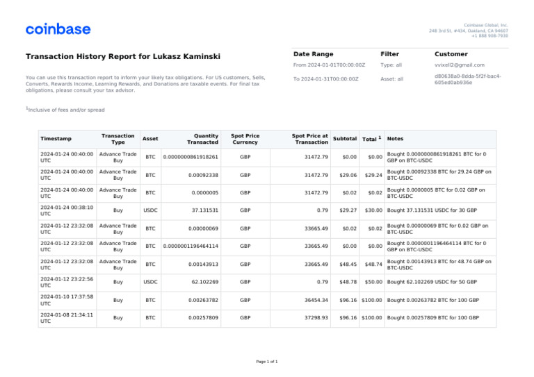 Coinbase Transaction History Report | PDF | Bitcoin | Money