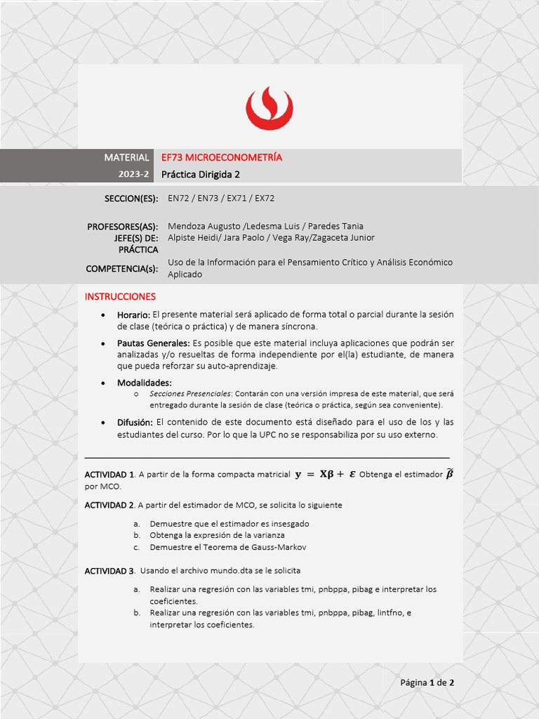 Ef73 Microeconometría PD - 02 | PDF | Mínimos cuadrados ordinarios ...