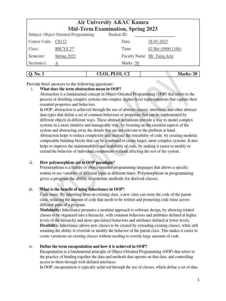 Mid Paper - Solution | PDF | Inheritance (Object Oriented Programming) | Method (Computer ...