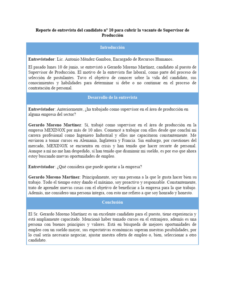 Ejemplo De Reporte De Entrevista Pdf