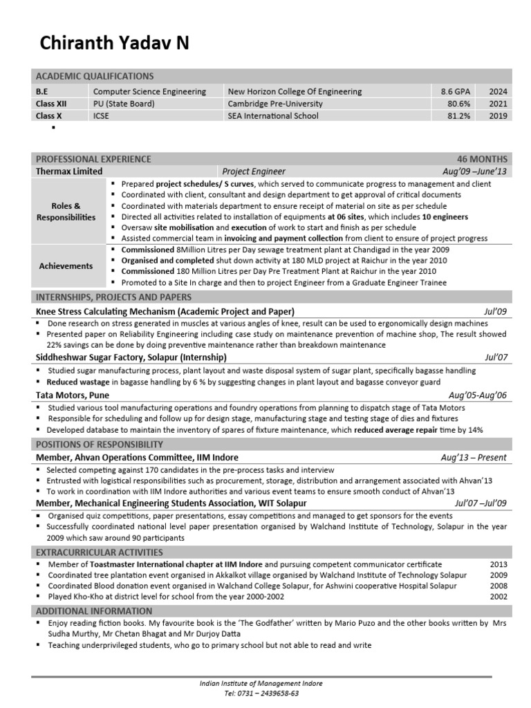 Chiranth Yadav N: Academic Qualifications | PDF | Engineering