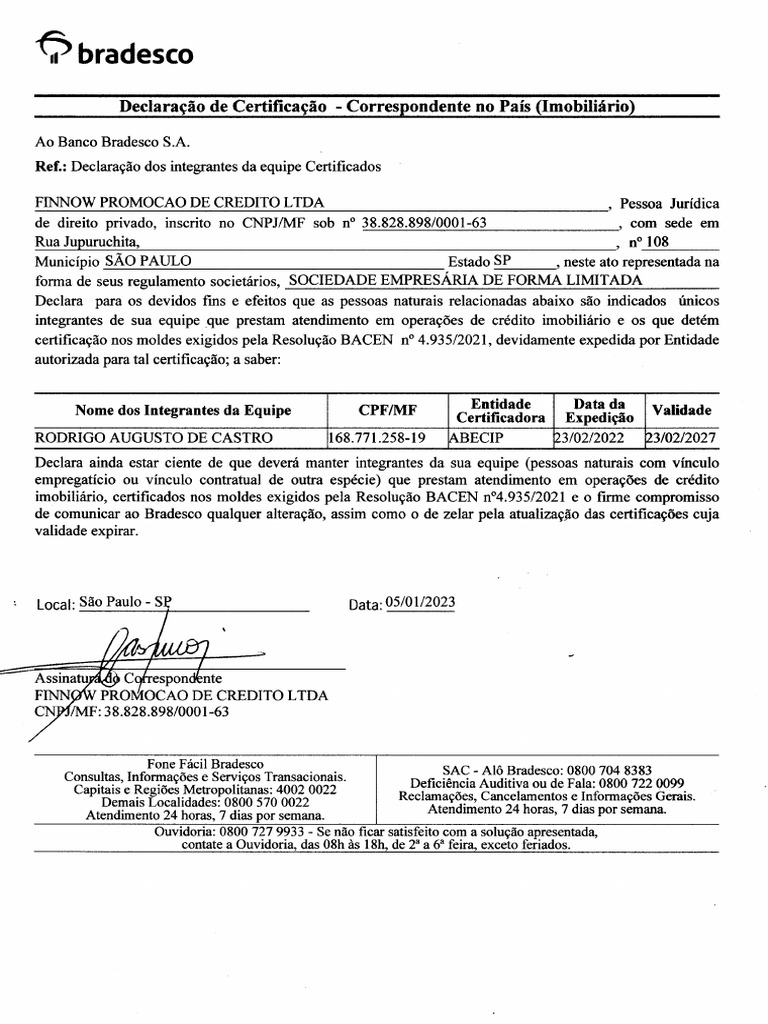 Declaração de Certificação | PDF