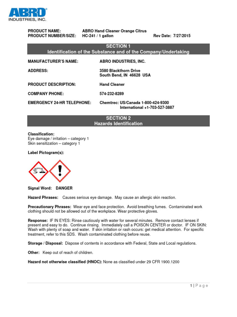 Abro Limpiador de Manos | PDF | Dangerous Goods | Occupational Safety ...