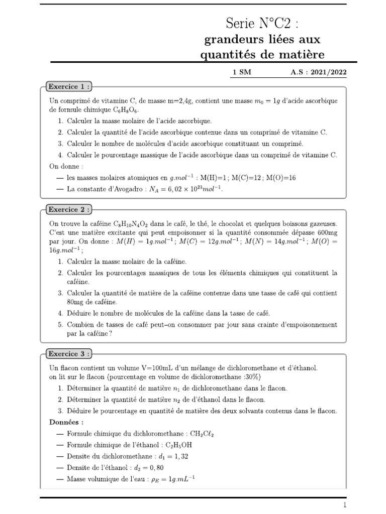 Série Des Exercices - Chimie 1er Bac SM Biof | PDF