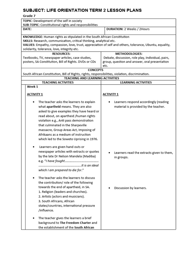 Life Orientation - Grade 7 Lesson Plans Term 2 | Download Free PDF ...