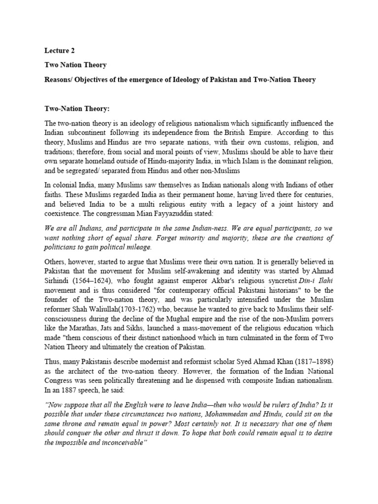 Two Nation Theory Reasons/ Objectives of The Emergence of Ideology of ...