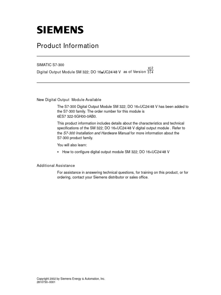 Product Information: SIMATIC S7-300 Digital Output Module SM 322 DO 16× ...
