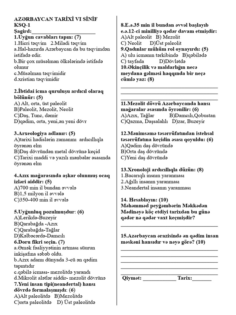 Azərbaycan Tari̇xi̇ Vi Si̇ni̇f KSQ 1 | PDF