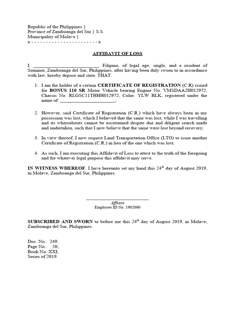 AFFIDAVIT OF LOSS - (CR-) | PDF