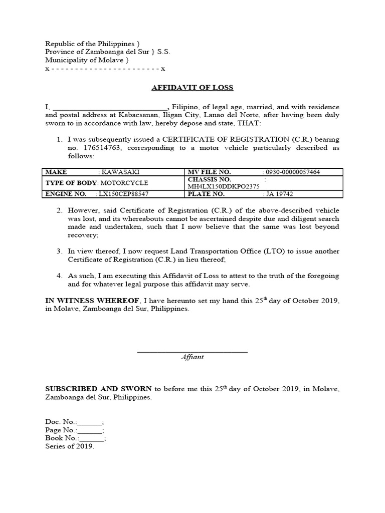Affidavit of Loss - (CR) | PDF