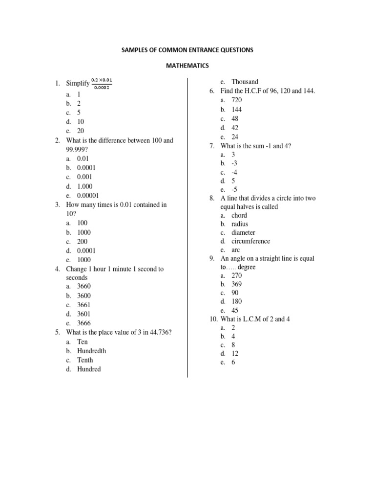 Samples of Common Entrance Questions, 2022 | PDF