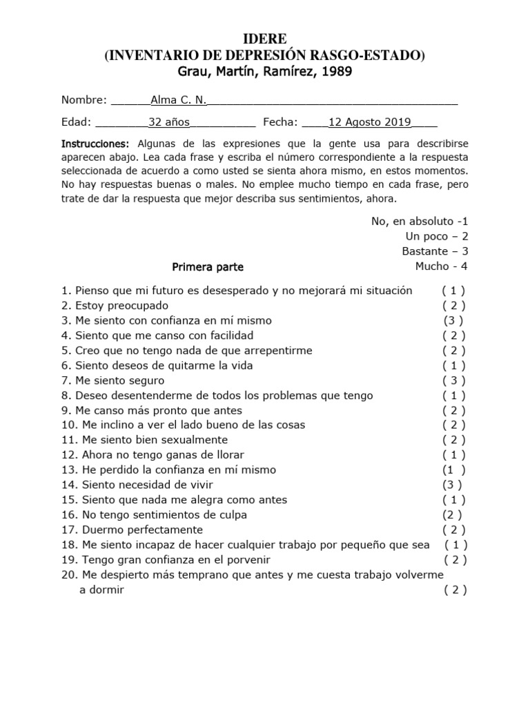 Inventario de Depresión IDERE: Resultados | PDF | Depresión (estado de ...