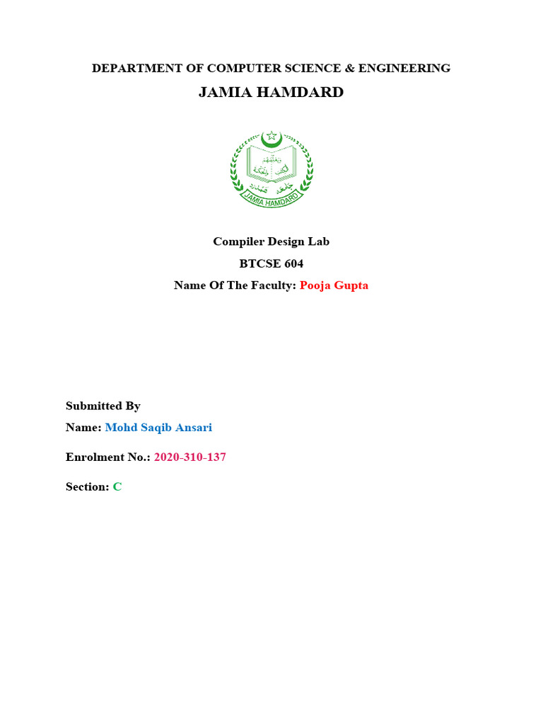 2020-310-137 Assignment 6 Compiler Design Lab Mohd Saqib Btech Cse Sec-C | PDF | Computer ...