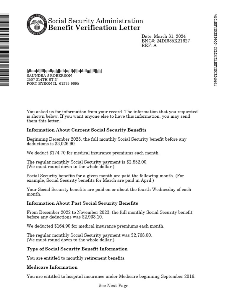 Benefit Verification Letter | Download Free PDF | Social Security Administration | Medicare ...